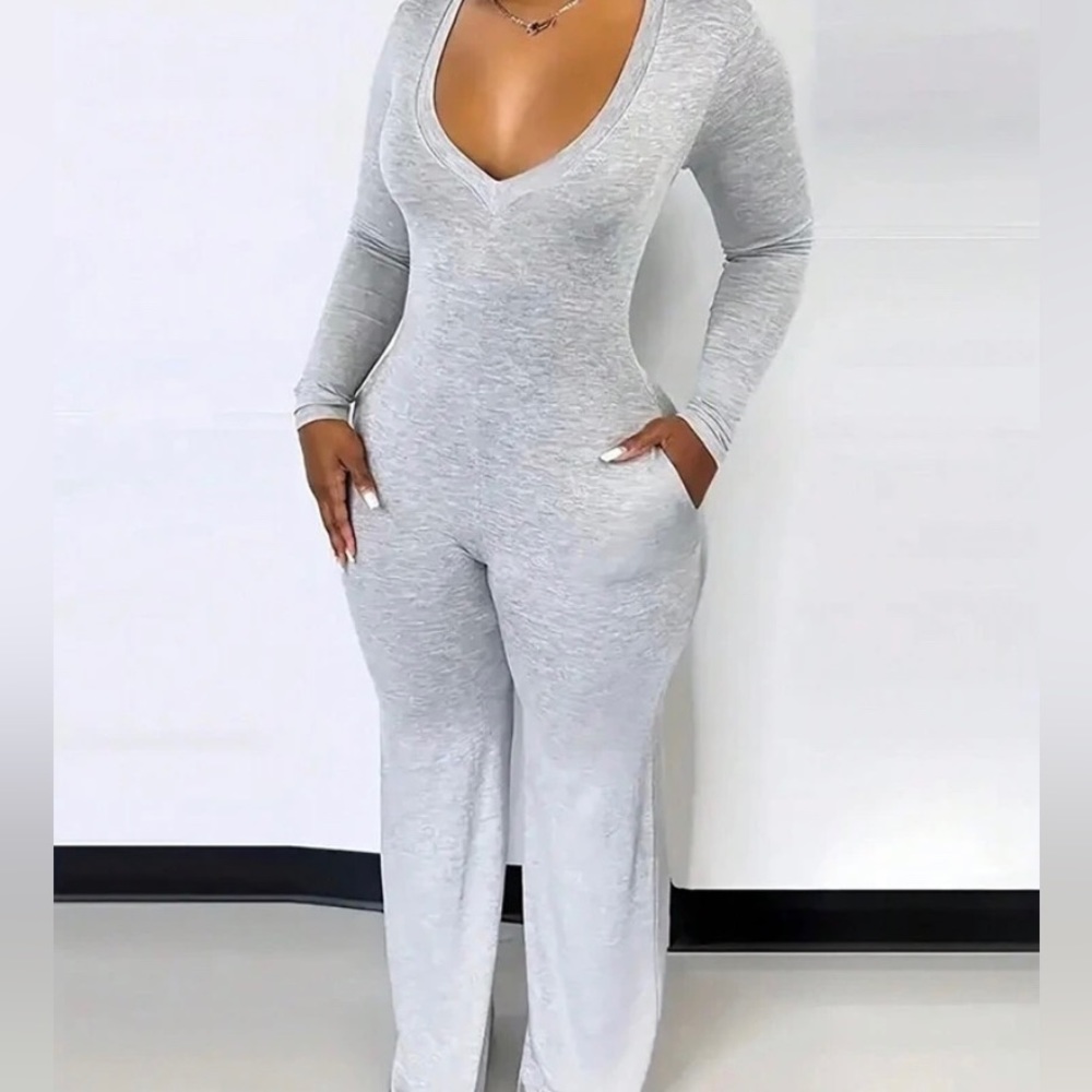 Gray One Piece Jumpsuit V Neckline - Gem